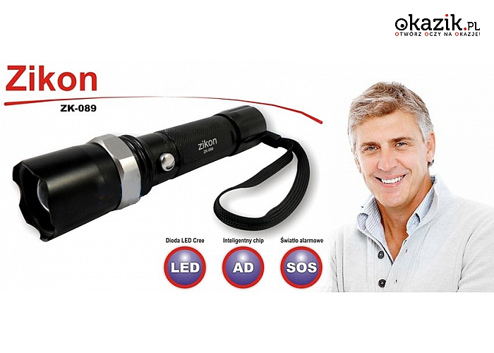 LATARKA AKUMULATOROWA ZIKON. Zasięg 500m, dioda Led Cree...