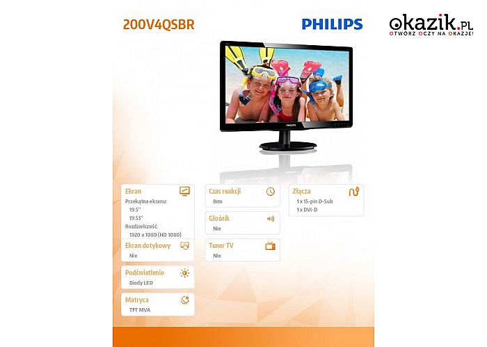 Philips: Monitor 19.53 200V4QSBR LED MVA DVI Czarny