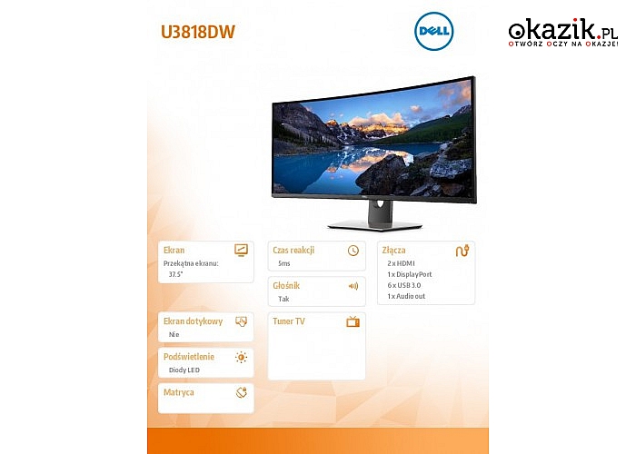 Dell: Monitor 37,5 U3818DW Curved InfinityEdge WQHD+...